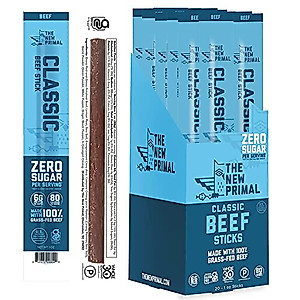The New Primal Grass Fed Beef Sticks, Keto, Gluten Free Healthy Snacks, Sugar Free Low Carb High Protein Snack, Jerky Meat Stick, 6g Protein, 20 Ct