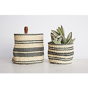 Creative Co-Op DA8007-1 Cream & Blue Striped Jute Wall Baskets with Leather Loops (Set of 2 Sizes), 2 Count