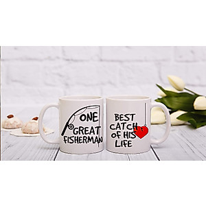 AW Fashions One Great Fisherman, Best Catch Of His Life Couples Mug - Funny Couple Mug - (2) 11OZ Coffee Mug - Funny Mug Gift Set - Mugs For Husband and Wife - Him And Her Gifts