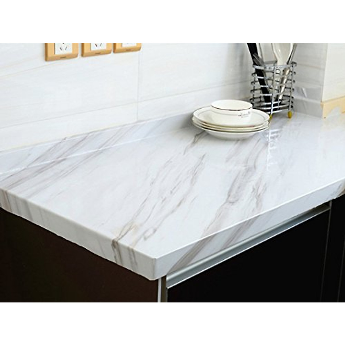 White Marble Adhesive Paper Gloss Vinyl Wrap For Kitchen Countertop Peel Stick Shelf Liners Decal 15.8inch by 79inch