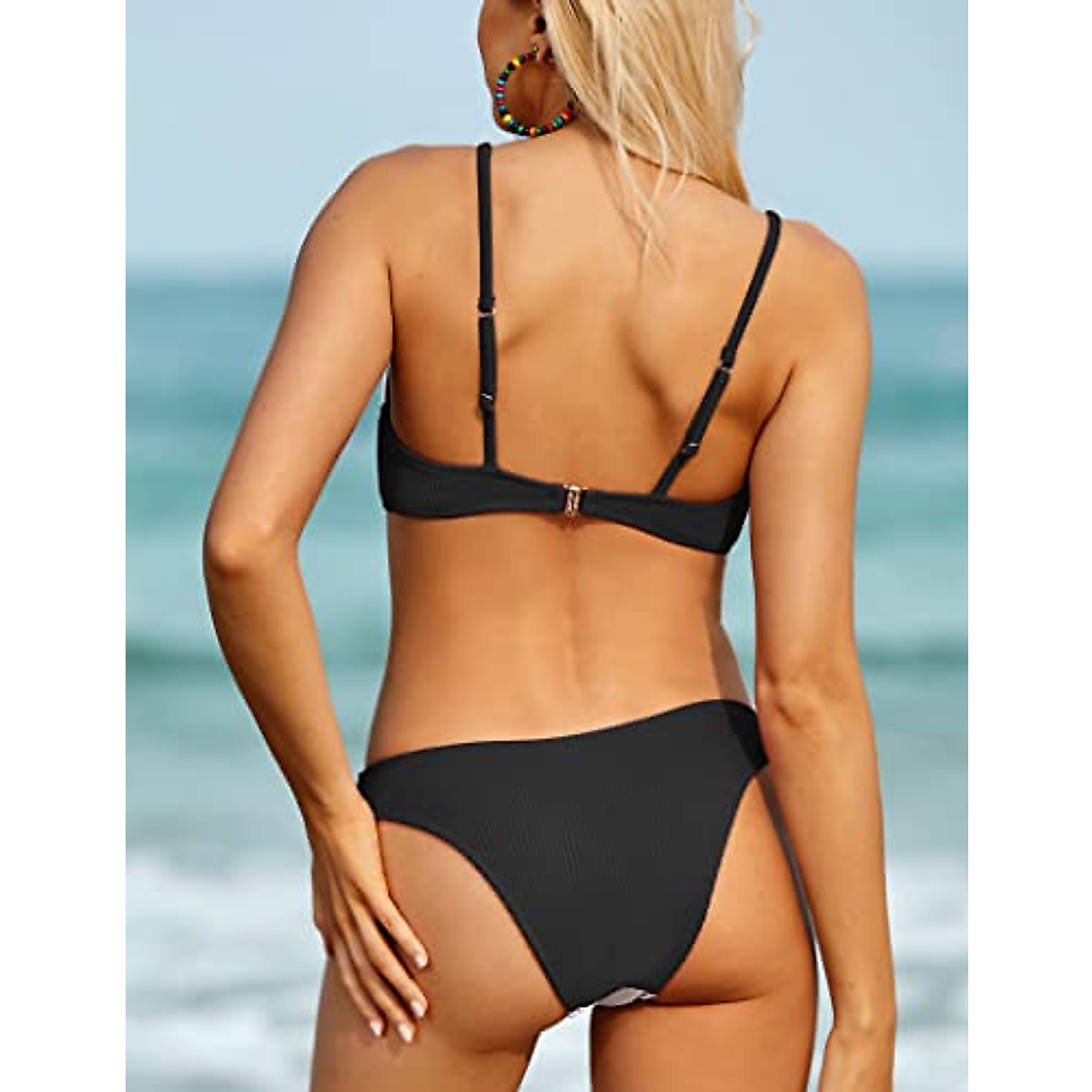 ZAFUL Bikini Sets for Womens Swimsuits Color Block O-Ring Bikini Two Piece Bathing Suits Thong Bikini Swimsuit (Black M)