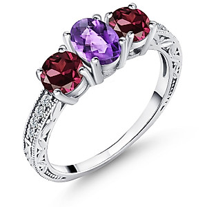 Gem Stone King 925 Sterling Silver Purple Amethyst and Red Rhodolite Garnet Engagement Ring For Women (2.07 Cttw, Oval Checkerboard Cut 7X5MM, Available in size 5, 6, 7, 8, 9)