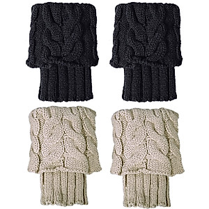 Loritta Womens Boot Socks Winter Warm Crochet Knitted Boot Cuffs Topper Socks Short Leg Warmers Gifts,G-black+beige(2 pairs)