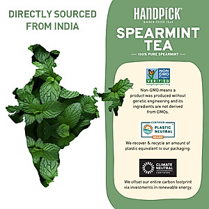 HANDPICK, Spearmint Tea Bags (100 Herbal Tea Bags) Premium Spearmint Leaves, Caffeine Free | Non-GMO, Gluten Free | Round Eco-Conscious Tea Bags | Light & Fresh