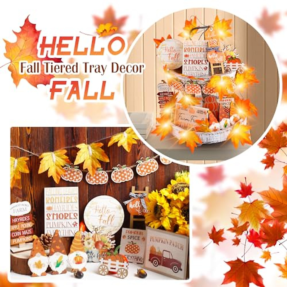 Harvest Fall Tiered Tray Decor with Lights - 19 Pcs Set Includes Gnome Signs, Leaves Garland, Pumpkin for Home Table