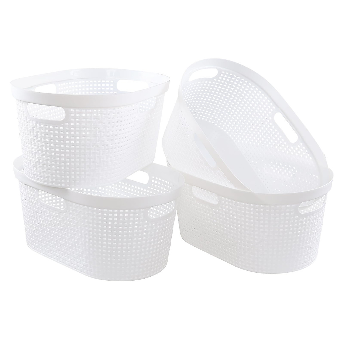 Haodehen Set of 4 Laundry Baskets, 40 L Plastic Storage Hamper with Cut-Out Handles, White