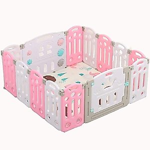 UNICOO – Baby Playpen, Foldable Kids Fence Activity Center, Safety Playard with Games Station Non-Slip Rubber Bases, Adjustable Shape (ZC-001-PW Pink + White)