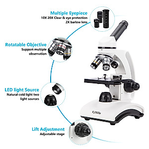 KiZHXlo Monocular Microscope 40X-1600X Magnification with Barlow Lens for Students Adults, Dual LED Illumination, with Science Kits Beginners Microscope Includes Phone Adapter