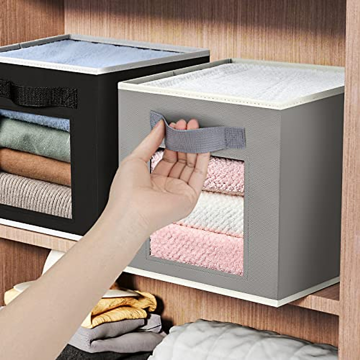 homsorout Cube Storage Bins, Fabric Baskets for Organizing, Closet Storage Cubes with Window, Cube Storage Organizer Bins with Front Handle for Clothes, Books, Sundries, 3 Packs, Grey