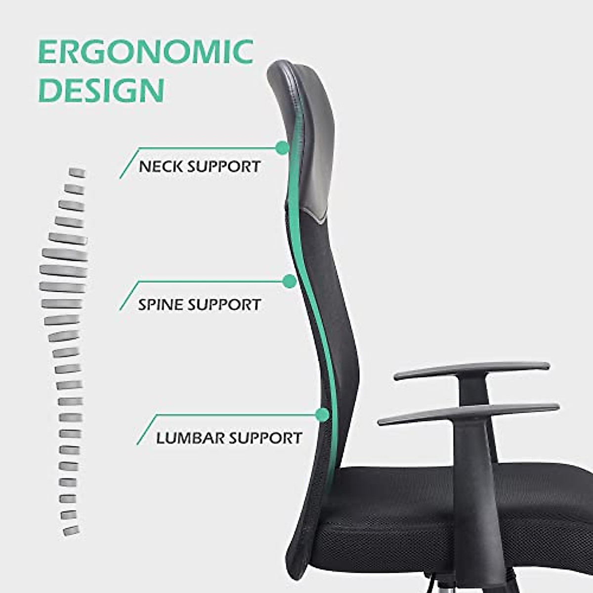 T-THREE.High Back Adjustable Office Chair Ergonomic Mesh Swivel Chair Office Chair Desk Chair Headrest and Lumbar Support Height Adjustable 360°Swivel Rocking Function Mesh Back Seat for Home Office