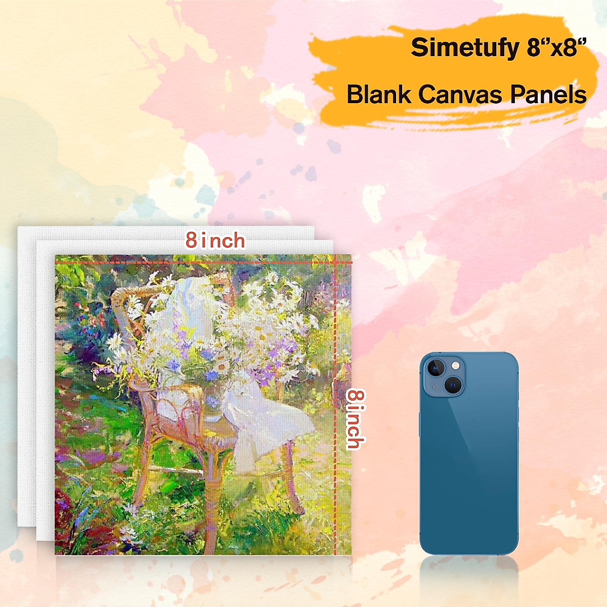 Simetufy 12 Pack 8x8 Inch Painting Canvas Panels Blank Square Canvas Boards for Painting, 8oz Gesso Primed Acid-Free 100% Cotton for Acrylics Paints