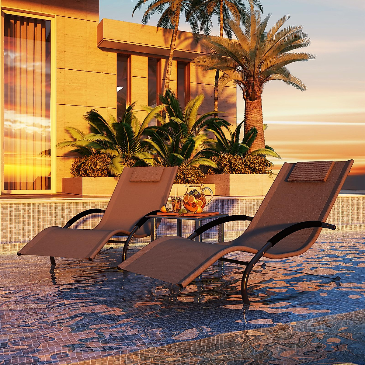 VORTEXTOVE Outdoor Chaise Lounge Chairs Set of 3,Iron Patio Rocking Chair Set, Including Patio Lawn Rockers with Coffee Table and Headrests, Suitable for Yard, Patio, Deck, and Backyard. (Gray)