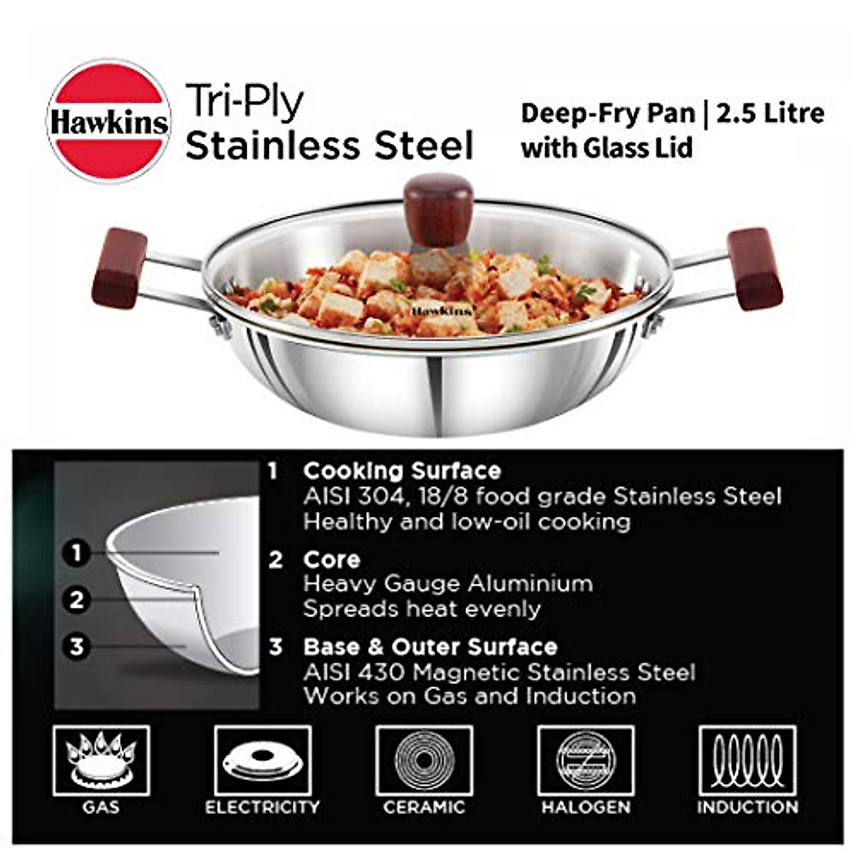 HAWKINS Triply 3 mm Stainless Steel Deep Fry Pan 2.5 LTR with Lid, Silver (SSD25G), Standard