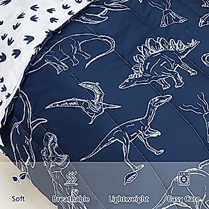 Jundetye 4 Pieces Dinosaur Toddler Bedding Set for Boys, Soft Breathable Toddler Comforter Set, Dino Print Navy, Includes Reversible Comforter, White Fitted Sheet and Flat Sheet, Pillowcase