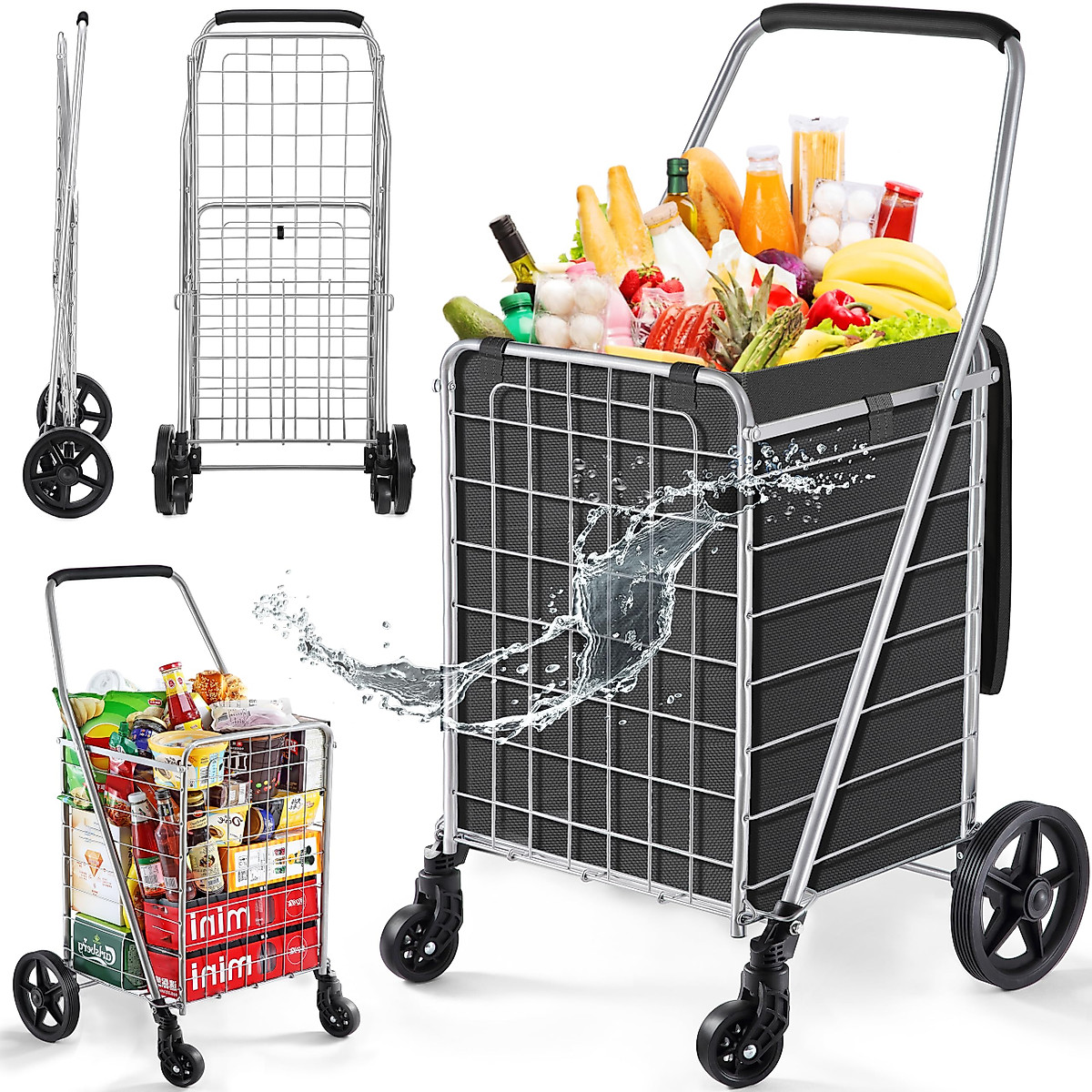 Wellmax WM99024S Grocery Utility Shopping Cart, Easily Collapsible and Portable to Save Space and Heavy Duty, Light Weight Trolley with Rolling Swivel Wheels