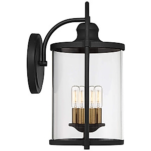 Avani Farmhouse Outdoor Wall Light Fixture Black Brass 17" Cylindrical Clear Glass Shade for Exterior House Porch Patio Outside Deck Garage Yard Front Door Garden Home Entryway - John Timberland