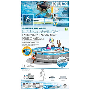 Intex 26729EH 16 Foot by 48 Inch Clearview Prism Frame Above Ground Swimming Pool with Filter Pump, Easy Set Up and fits up to 6 People
