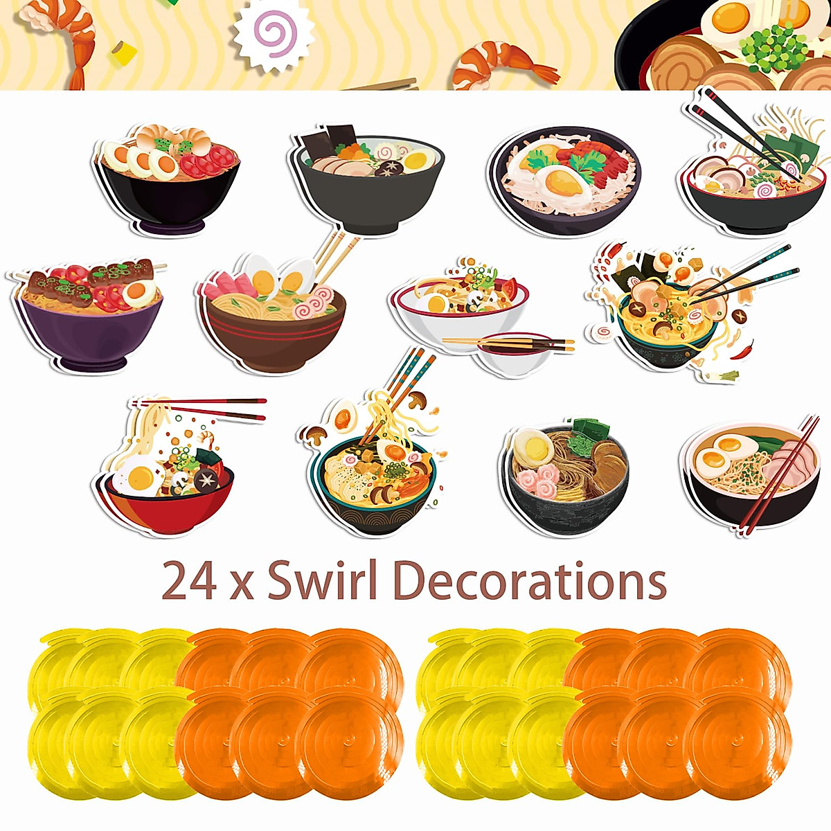 24 Pieces Ramen Hanging Swirls Japanese Noodles Streamers Ramen Hanging Decorations Ceiling Swirls for Ramen Noodles Birthday Party Decorations Party Supplies Baby Showers Decorations