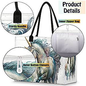 cfpolar Unicorn Reusable Grocery Shopping Bag with Hard Bottom, RRQRQR Large Foldable Multipurpose Heavy Duty Tote with Zipper Pockets, Sustainable, Durable and Eco Friendly, Beach Bag
