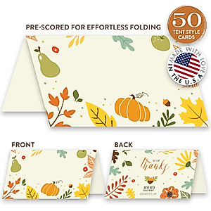 Koko Paper Co Thanksgiving Place Cards with Pumpkin and Autumn Foliage. Pack of 50 Tent Style Cards for Thanksgiving and Other Fall, Autumn Events. No Holder Necessary.
