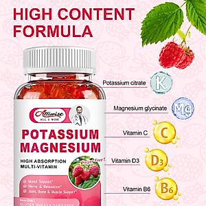 Potassium Magnesium Supplement Gummies with Potassium Citrate 200mg + Magnesium Glycinate 500mg for Bone & Muscle Relaxation,Mood & Energy Support.High Absorption Vitamin B6, D3, C.Raspberry Flavor