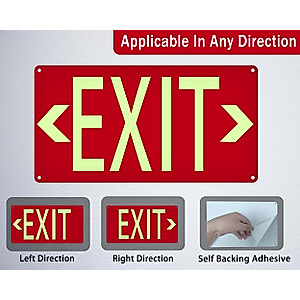 (2 Pack) Photoluminescent Exit Sign Red - with Removable Directional Arrows, With strong self adhesive tape, 14.25 x 7.5 Inches Heavy Duty Aluminum Signs, Fade Resistant