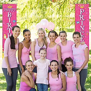 Sumind Princess Birthday Decorations Royal Check Flag Event Banner Princess Backdrop Porch Sign Welcome for Girl Birthday Theme Party Mardi Gras Parade Decoration Pink