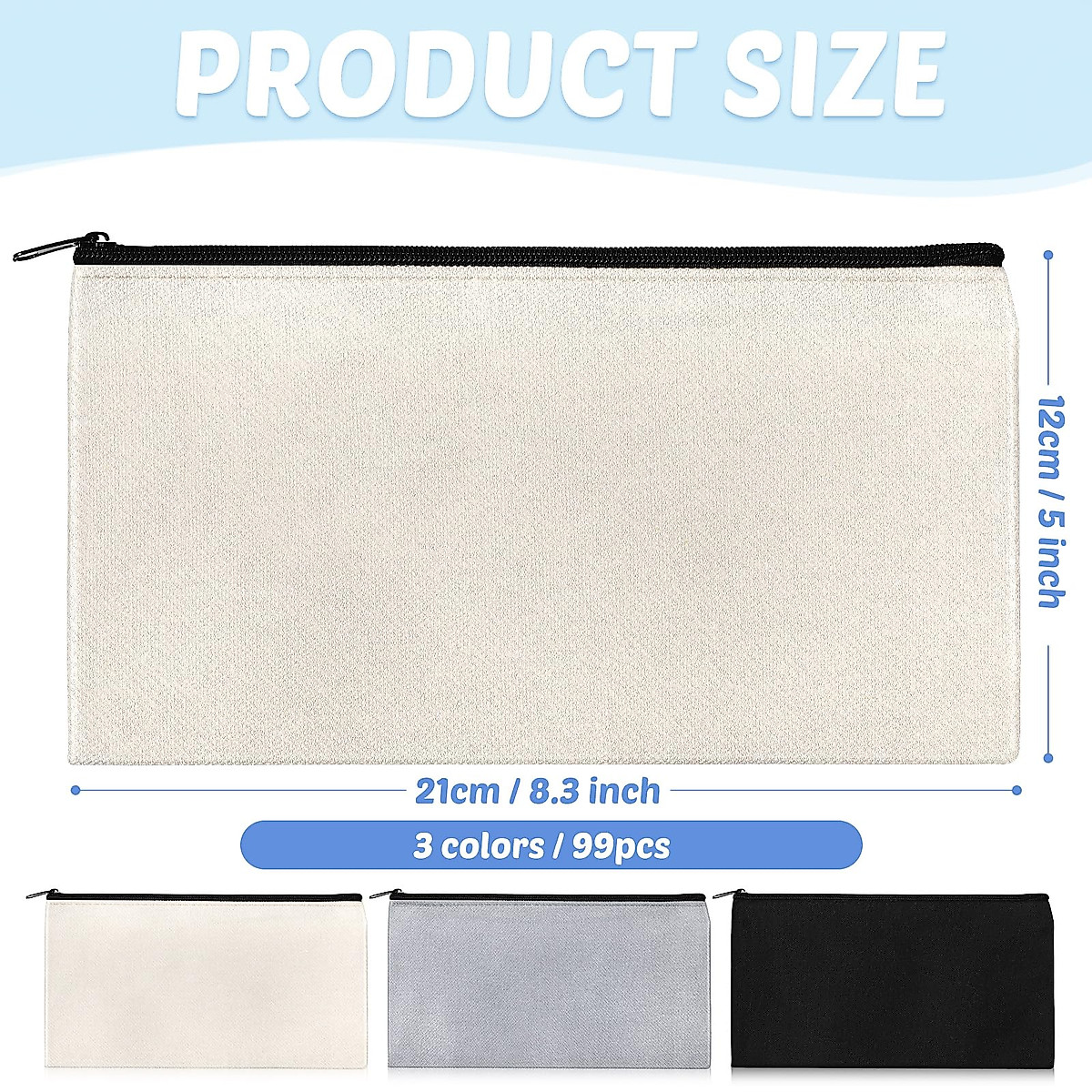 99 Pack Blank Canvas Bag Bulk DIY Craft Canvas Zipper Pouch Sublimation Blanks Canvas Makeup Bag Canvas Pouch Pencil Bag Cosmetic Travel Toiletry Storage Zipper Bag 8.3 x 5 Inch(Gray, Black, White)