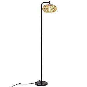 MZMHD Rattan Floor Lamp, 1-Light Farmhouse Boho Standing Tall Lamps Coastal Bamboo Wicker Rustic Matte Black Metal Corner Floor Light for Bedroom Living Room