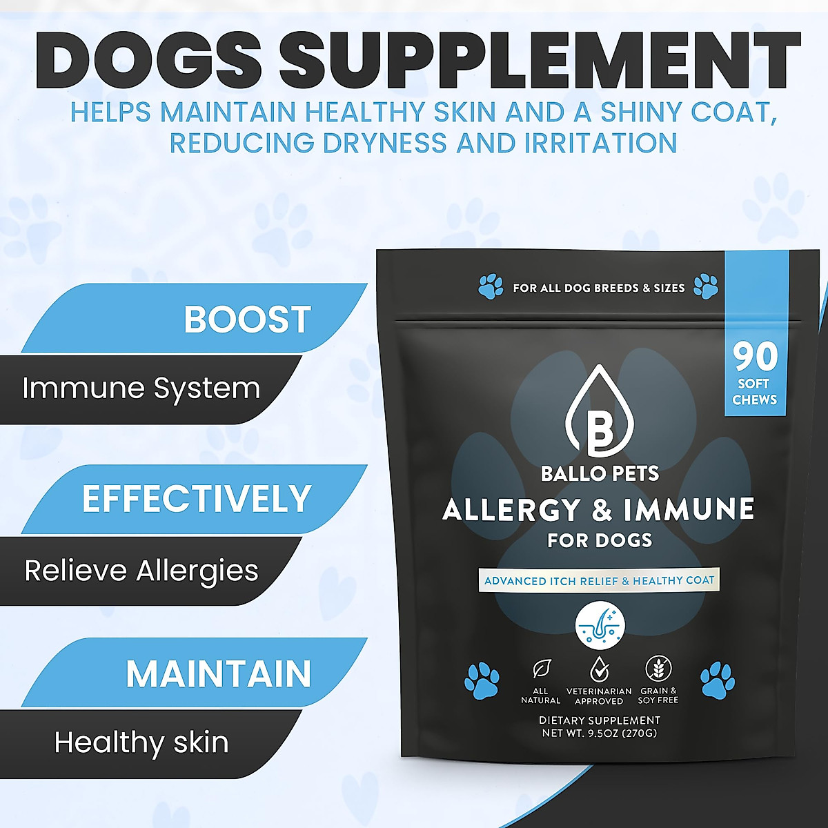 Ballo Pets Allergy & Immune Chews for Dogs - Itch Relief for Dogs - Dog Seasonal Allergies- Skin and Coat Supplement - Omega 3, Pumpkin Powder, Turmeric Root, Quercetin- 90 Soft Chews- Salmon Flavor
