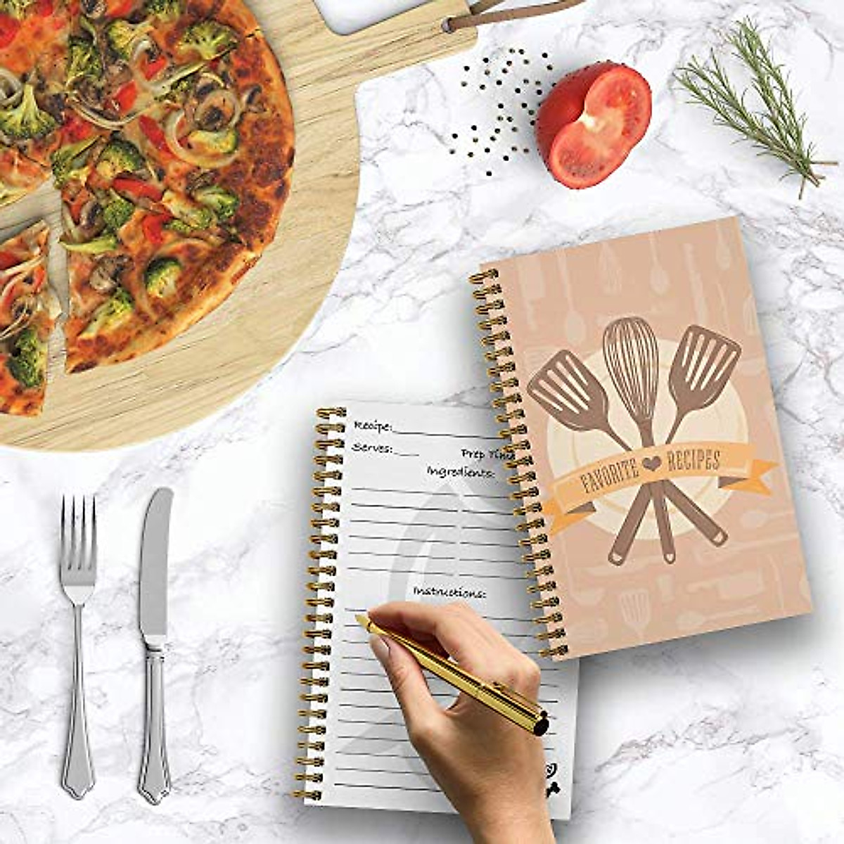 Softcover Classic Recipes 5.5" x 8.5" Spiral Recipe Notebook/Journal, 120 Recipe Pages, Durable Gloss Laminated Cover, Gold Wire-o Spiral. Made in the USA