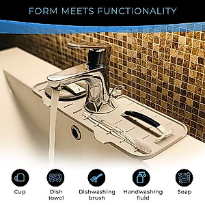 Silicone Faucet Handle Drip Catcher Tray Mat, Silicone Faucet Mat Dish Soap Sponge Holder for Kitchen Sink Accessories Gadgets, Drying Mat for Kitchen Counter Bathroom Kitchen Sink Splash Guard -Grey