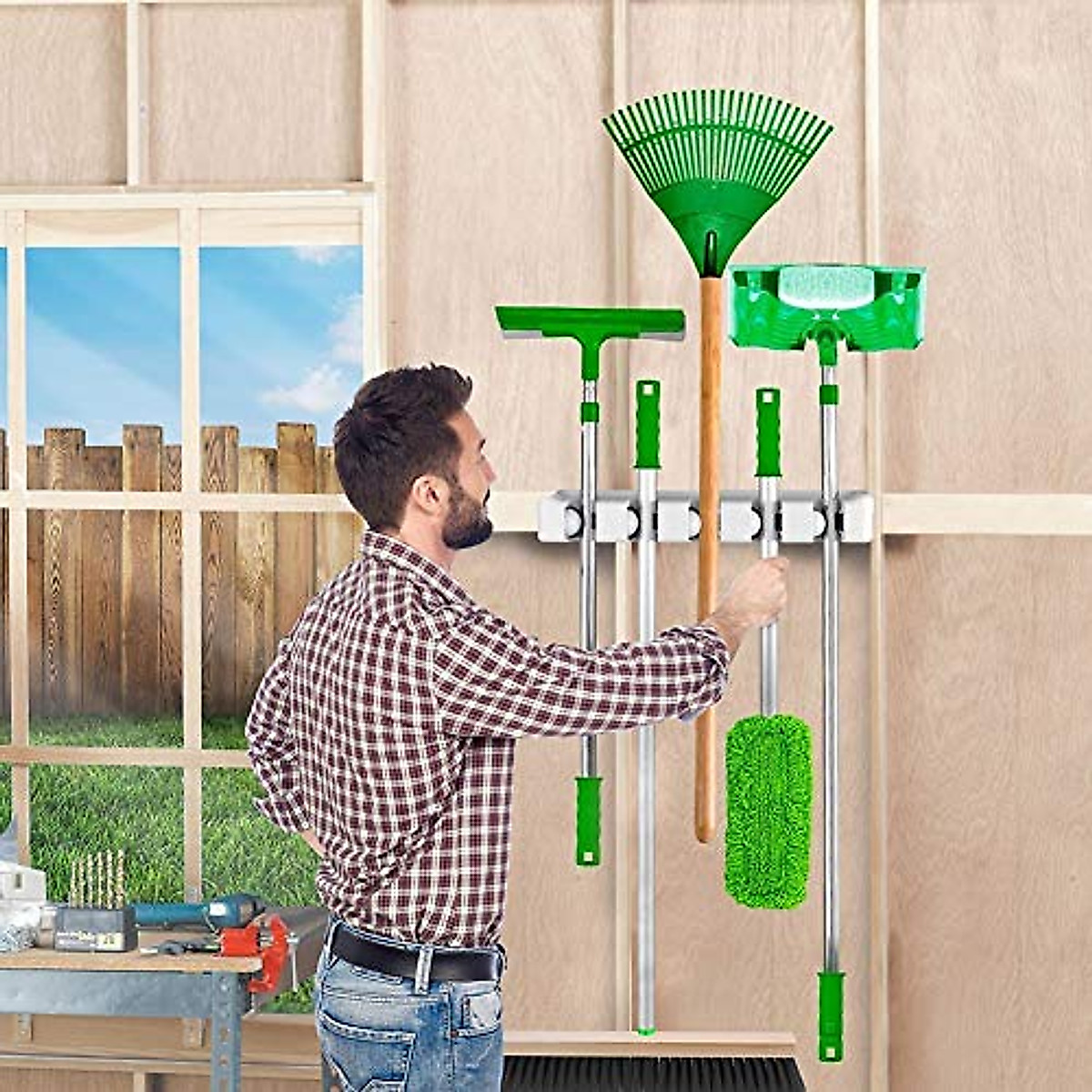 Mop Broom Holder, Garden Tools Wall Mounted Commercial Organizer Saving Space Storage Rack for Kitchen Garden and Garage,Laundry Offices(5 Position with 6 Hooks)