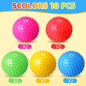 10 Packs Knobby Balls 9 Inches Sensory Balls Fun Bouncy Balls Spiky Toy Balls Inflatable Outdoor Ball Rubber Massage Stress Balls with Hand Air Pump for Party Favors Stocking Stuffers, 5 Colors