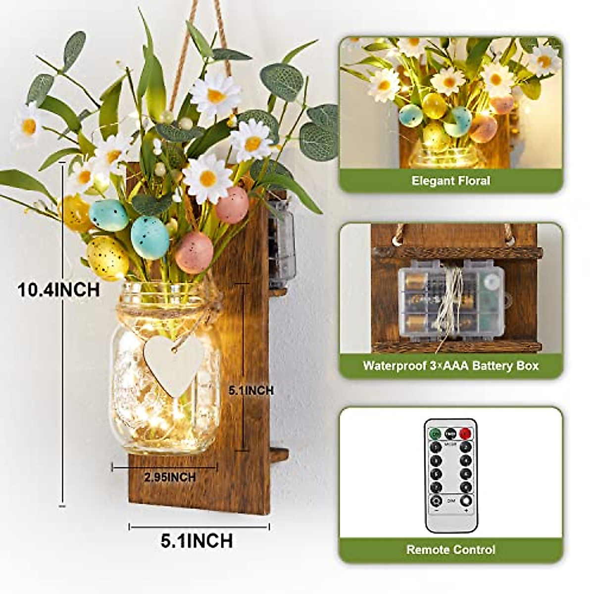 2 PACK Easter Decorations, Party Joy Easter Decor Mason Jar Sconces Rustic Wall Decor for Living Room Bathroom with Remote Control LED Fairy Lights and Artificial Flowers Spring Decorations for Home
