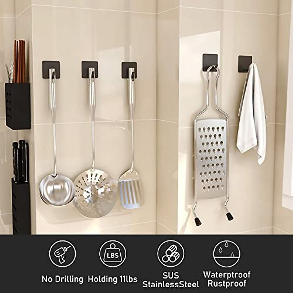 JIQGOZBAN Adhesive Hooks 4 Packs, No Drill Heavy Duty Sticky Wall Hooks Stainless Steel No Rust for Home Entryway Hanging Clothes, Bathroom Towels Hangers, Kitchen Utensils Holders (Matte Black)