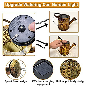 Solar Watering Can Lights Outdoor, Fairy Garden Lights, Hanging Solar Lights Metal Waterproof for Table, Patio, Yard Pathway, Outdoor Decorations with Hollow-Out Flower Design (with Hook and Stand)