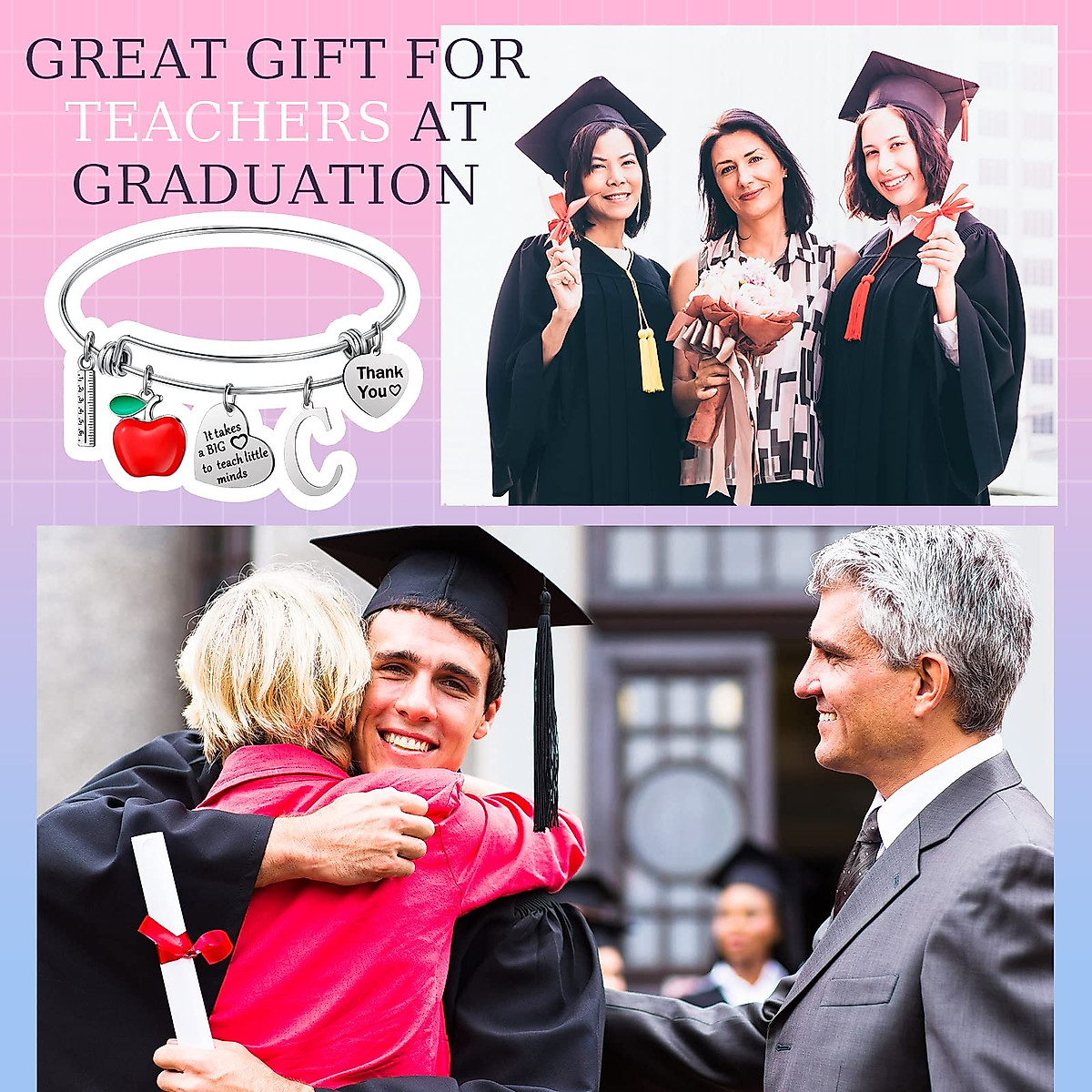 MTLEE Teacher Appreciation Gift Teacher Bracelet Bangle Gift Teacher Thank You Keychain with Initial(Letter C Style)