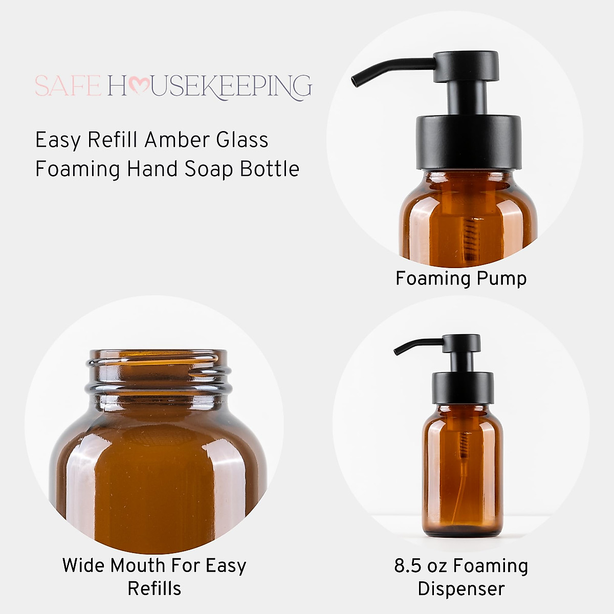 Refillable Foaming Soap Dispensing Bottle - Amber Glass - Matte Black Stainless Steel Foaming Pump - Apothecary Style for Modern bathrooms and Kitchens (Includes Labels)