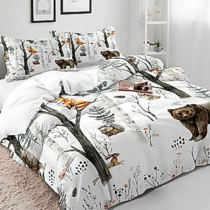 VIVIHOME 3PCS Cartoon Woodland Forest Animal Duvet Cover Full, White Bedding, Baby Boys Girls Kids Bedding, Bear Deer Fox Wolf Rabbit Wildlife Rustic Cabin Lodge Quilt Comforter Cover, 2 Pillowcases