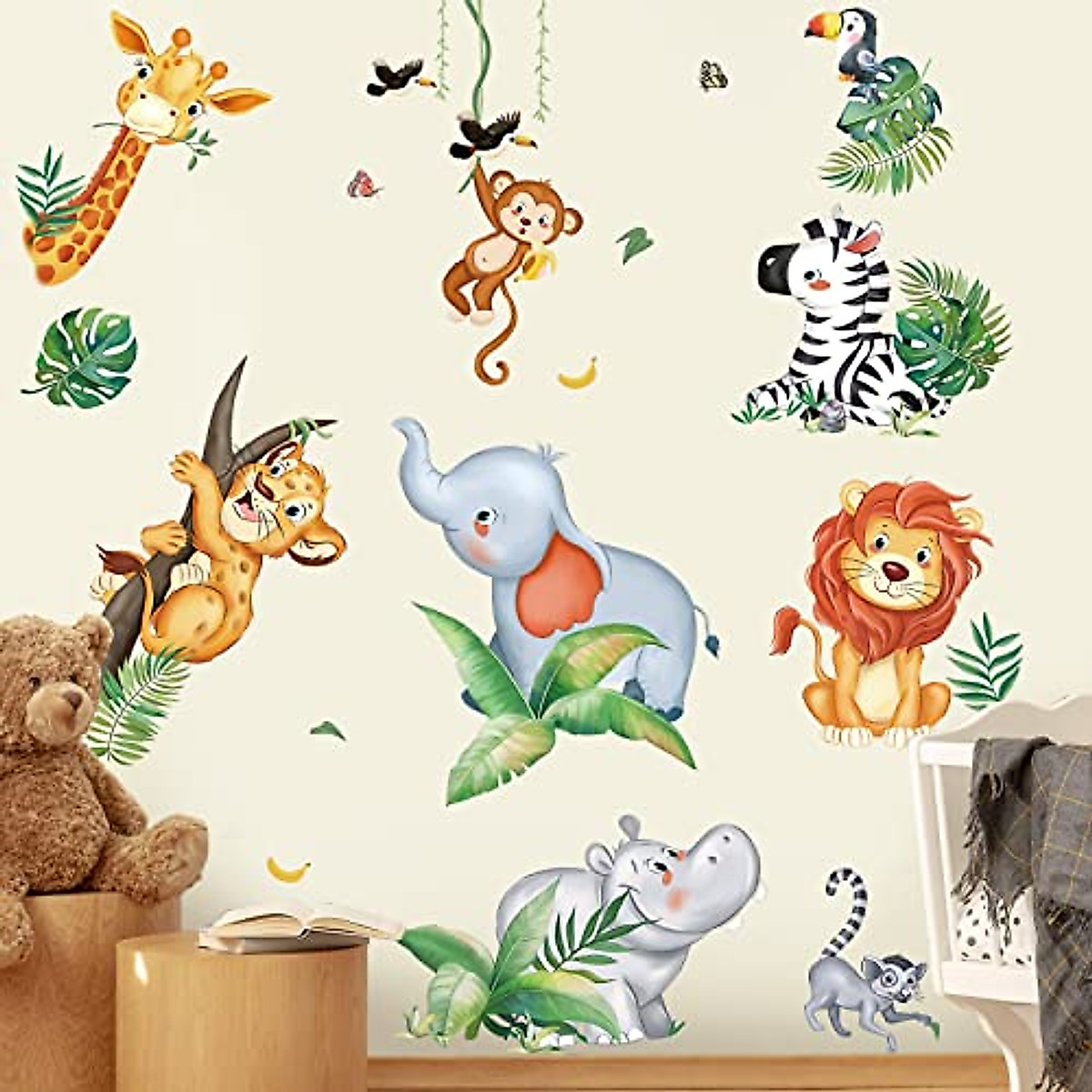 wondever Jungle Animals Wall Stickers Safari Animal Elephant Giraffe Lion Monkey Peel and Stick Wall Art Decals for Kids Bedroom Baby Nursery Door Decor