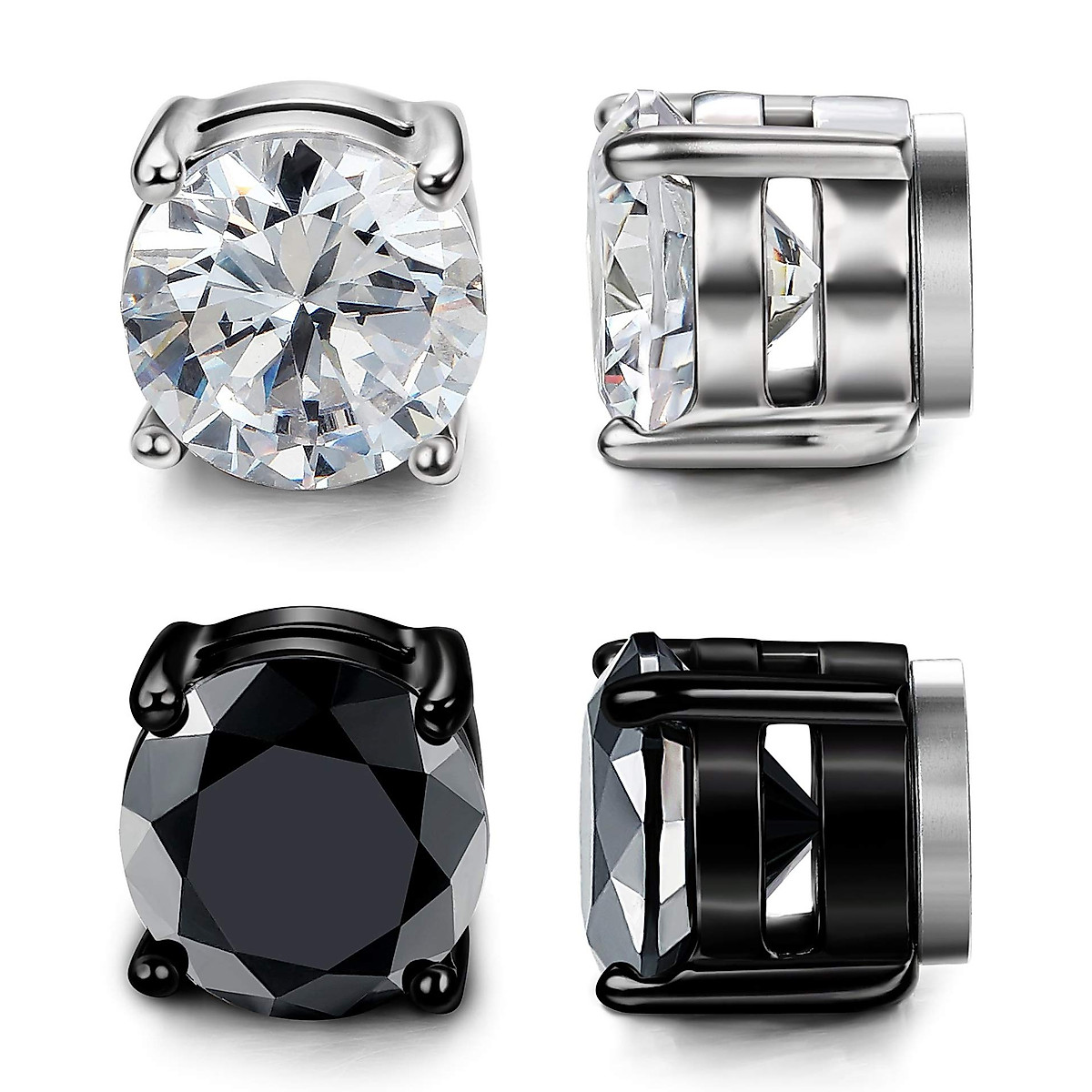 LOYALLOOK Stainless Steel Stud Earrings for Men Women Unisex Cubic Zirconia Inlaid 2 Pairs 8MM