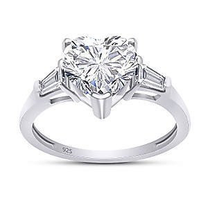 SAVEARTH DIAMONDS 2 Carat 8MM Heart & Tapered Baguette Cut Lab Created Moissanite Diamond Promise Engagement Ring In 14K White Gold Over Sterling Silver Jewelry For Women (VVS1 Clarity)-8