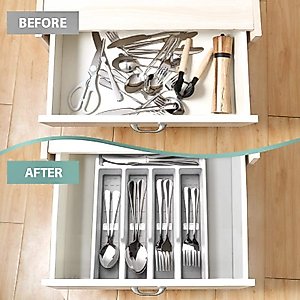 Joequality Silverware Organizer with Icons，Plastic Cutlery silverware Tray for Drawer，Utensil Flatware Tableware Organizer for Kitchen with Non-slip TPR,Fits Standard Drawer,5-Compartment，Grey