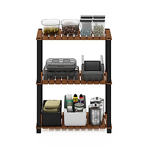 Furinno Pangkor 3-Tier Turn-N-Tube Indoor Outdoor Plant Shelf Wood Stand with Square Poles, Natural/Black