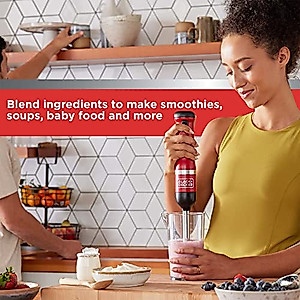 BLACK+DECKER Kitchen Wand Immersion Blender Handheld, With Charging Dock, Mixing Cup, Cordless, Red (BCKM1011K06)