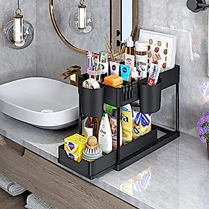 Under Sink Organizers 2 Pack, 2 Tier Sliding Under Bathroom Cabinet Storage Drawer Organizer with Hooks, Hanging Cup, Dividers for Bathroom, Kitchen Multi-Purpose, Under Sink Organizers and Storage