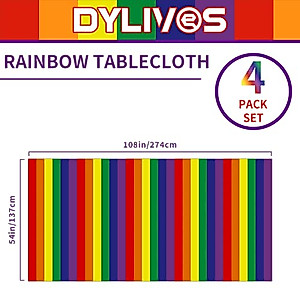 DYLIVeS 4 Pack Rainbow Tablecloth, Carnival Pride Tablecloth Disposable Plastic Rectangle Rainbow Tablecover for Holiday Pride Party Anniversary Birthday Party Decoration Supplies, 54 x 108 Inch