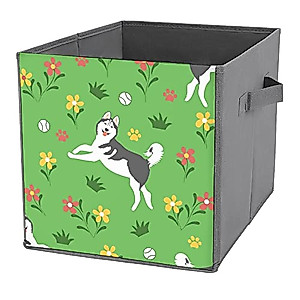 Siberian Husky On The Grass Canvas Collapsible Storage Bins Cube Organizer Baskets with Handles for Home Office Car