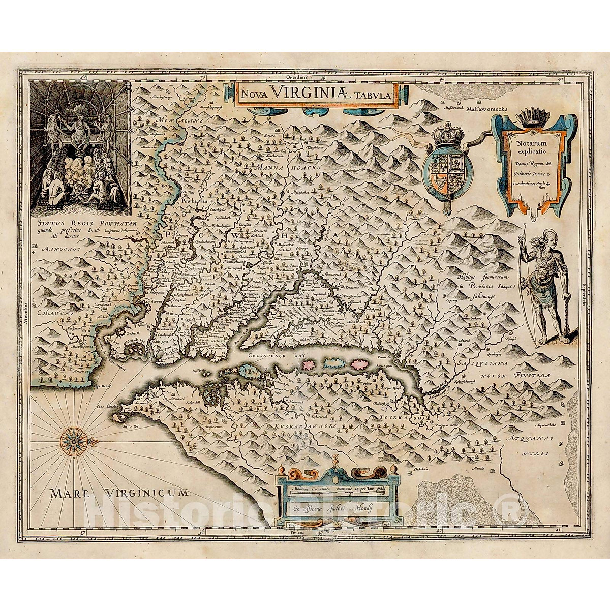 Historic Map - Nova Virginiae Tabula/Blaeu's Map of Virginia, and The Chesapeake Region, John Smith's Map of Virginia, Map of Virginia, 1619, Jodocus Hondius - Vintage Wall Art 24in x 20in